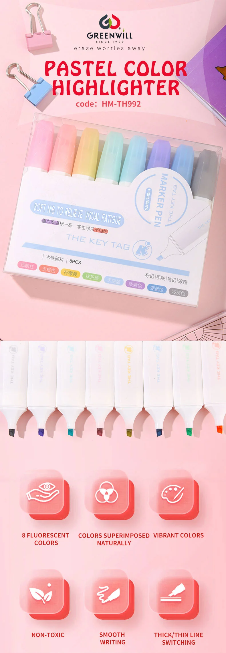 Custom Pastel Highlighter Pens-Greenwill Stationery