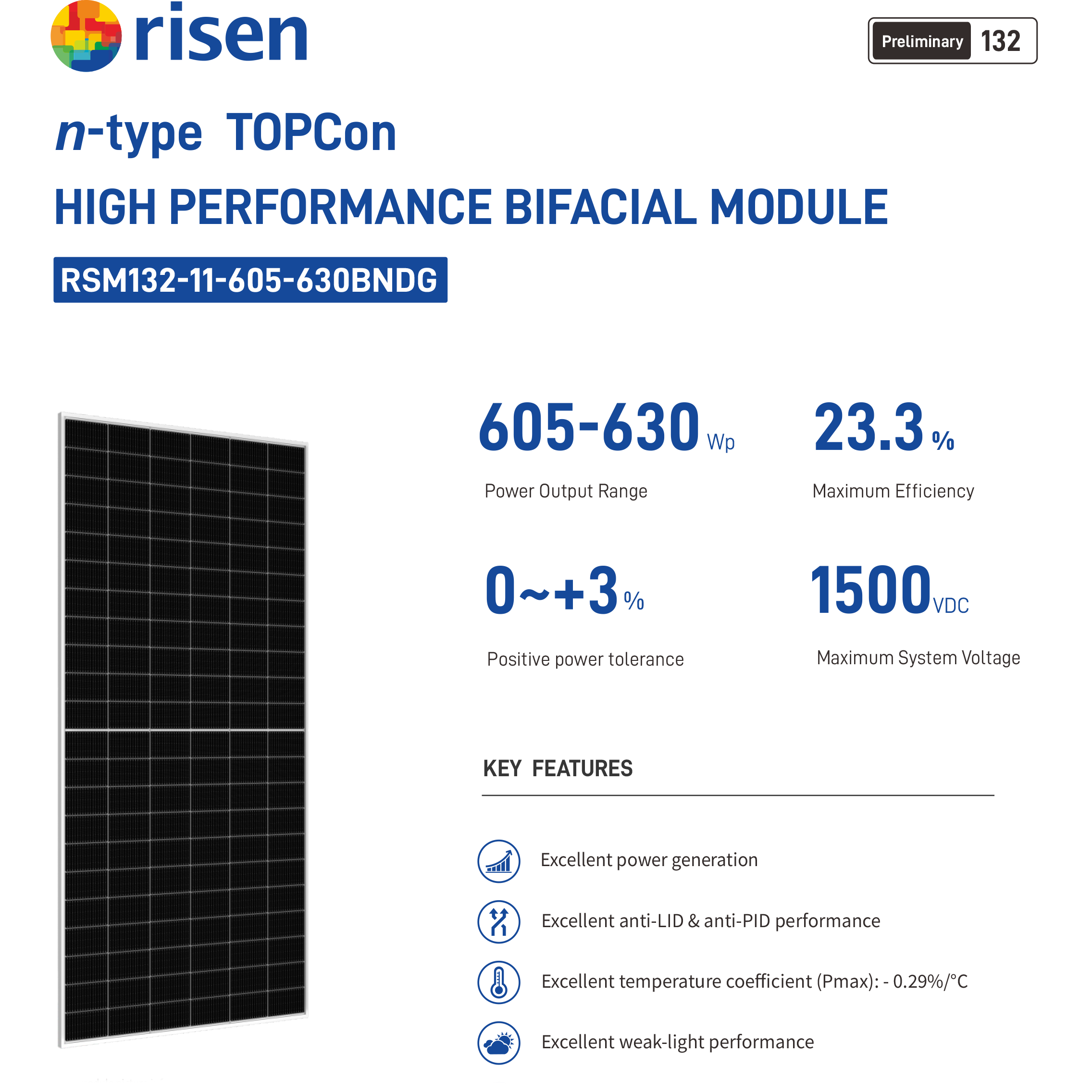 High Efficiency N-Type Topcon Module 605W 610W 615W 620W 625W 630W