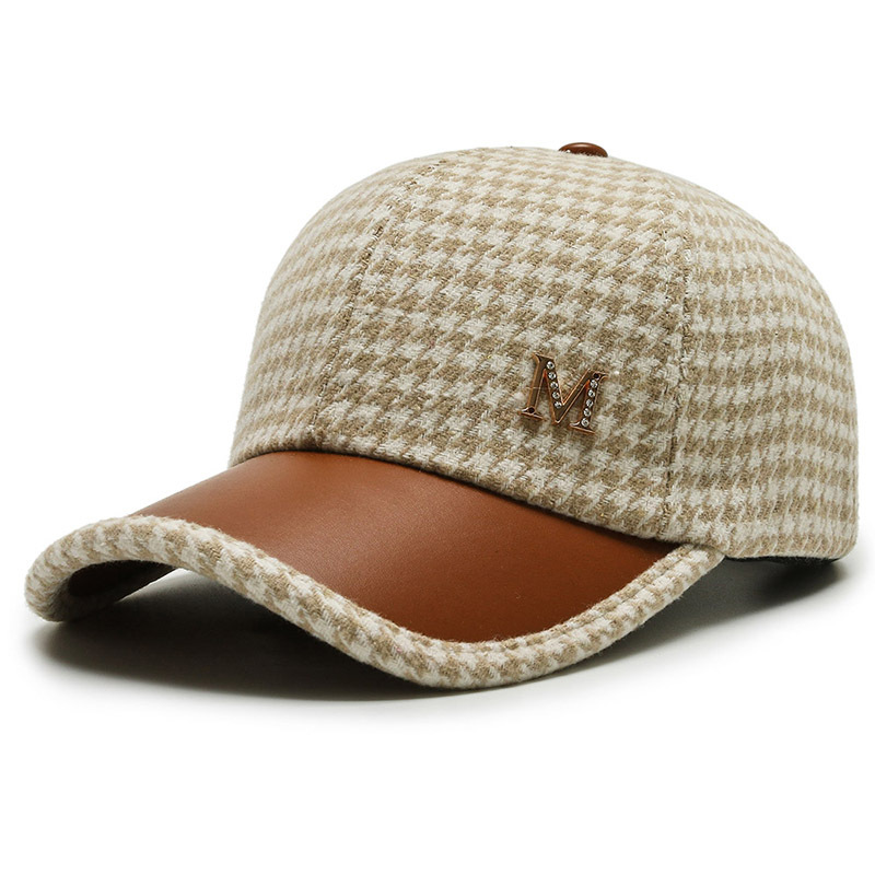 Houndstooth - Patterned Cap with Leather Visor and Embellished 'M'