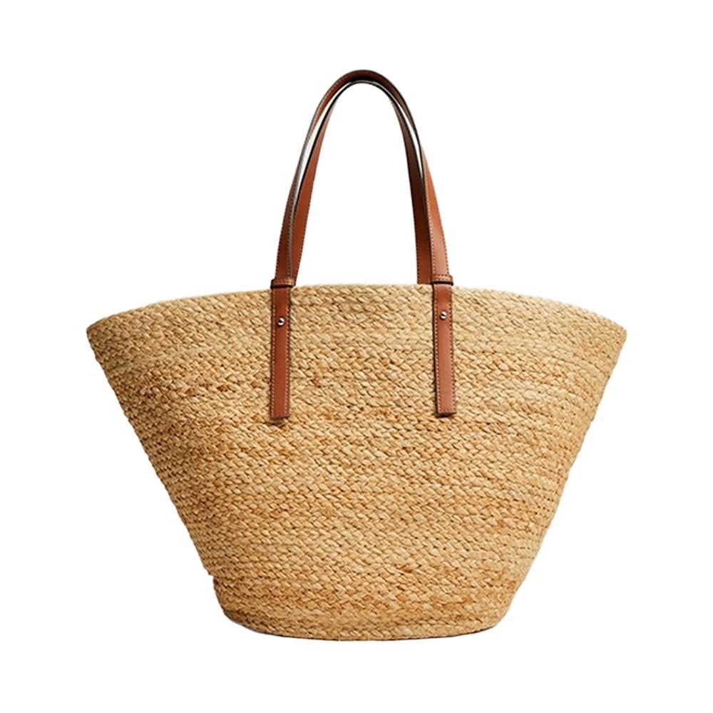Tapered - shaped Woven Straw Tote Bag with Brown Leather Handles
