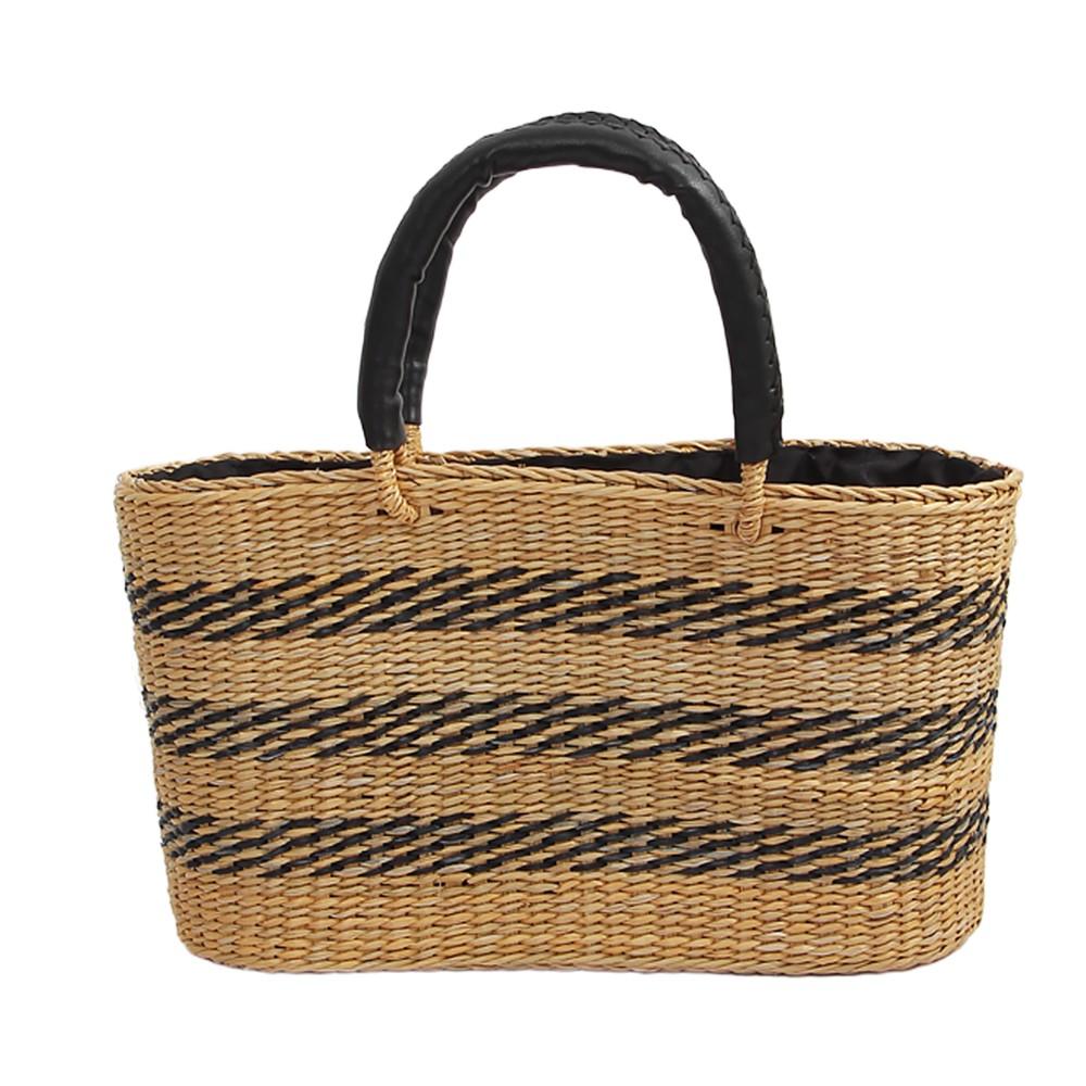 Rectangular Woven Straw Tote Bag with Black Handles and Black Striped ...