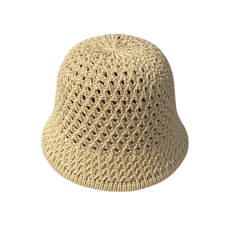 Crocheted Straw Bucket Hat with Open - weave Pattern