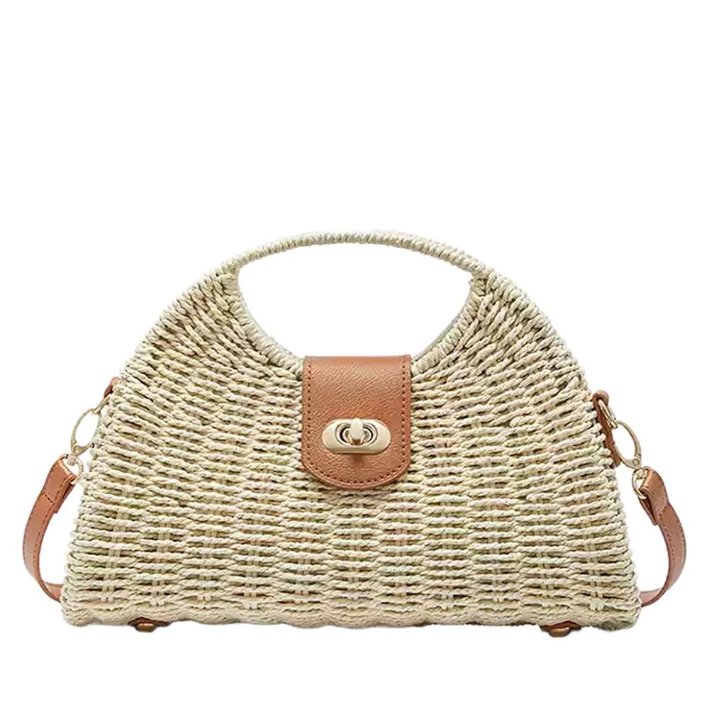 Semicircular Woven Straw Handbag with Leather Flap and Metal Lock, and ...