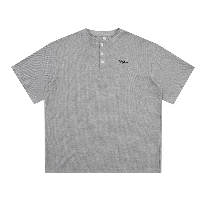 Men's Summer Waffle Knit Henley Tee - 260G Oversized Polo with Short Sleeves