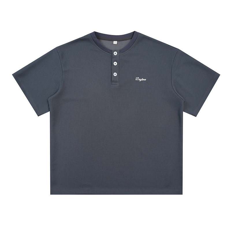 Men's Summer Waffle Knit Henley Tee - 260G Oversized Polo with Short Sleeves