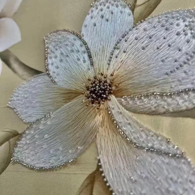Embroidery Magnolia Silk Wallpaper Hand Embroidered Custom Size Luxury ...