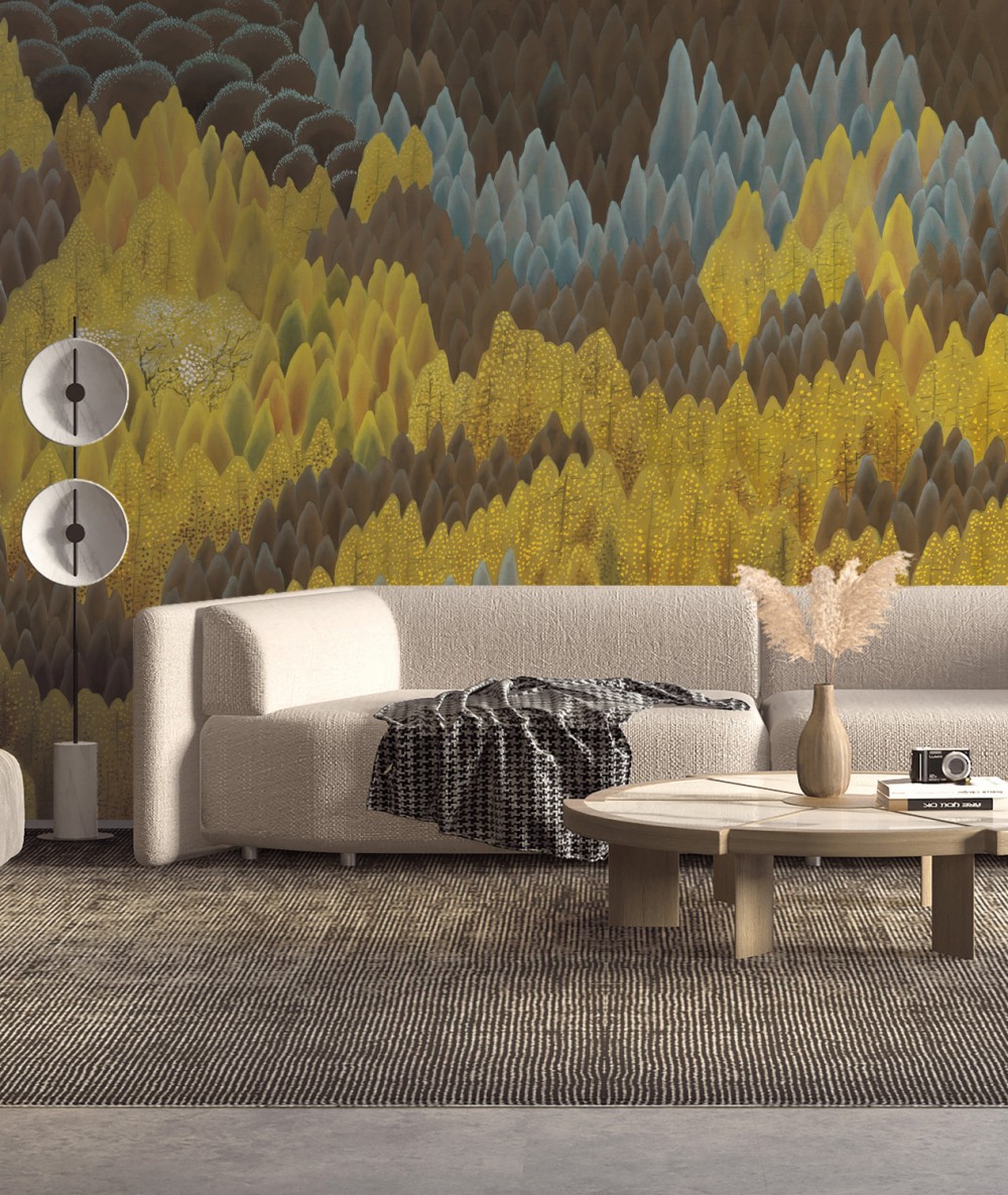 Custom Abstract Layered Mountain Forest Wall Mural - Unique Decor
