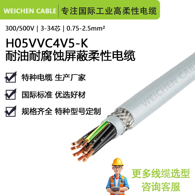 H05VVC4V5-K 柔性耐油屏蔽控制电缆-上海蔚晨线缆有限公司