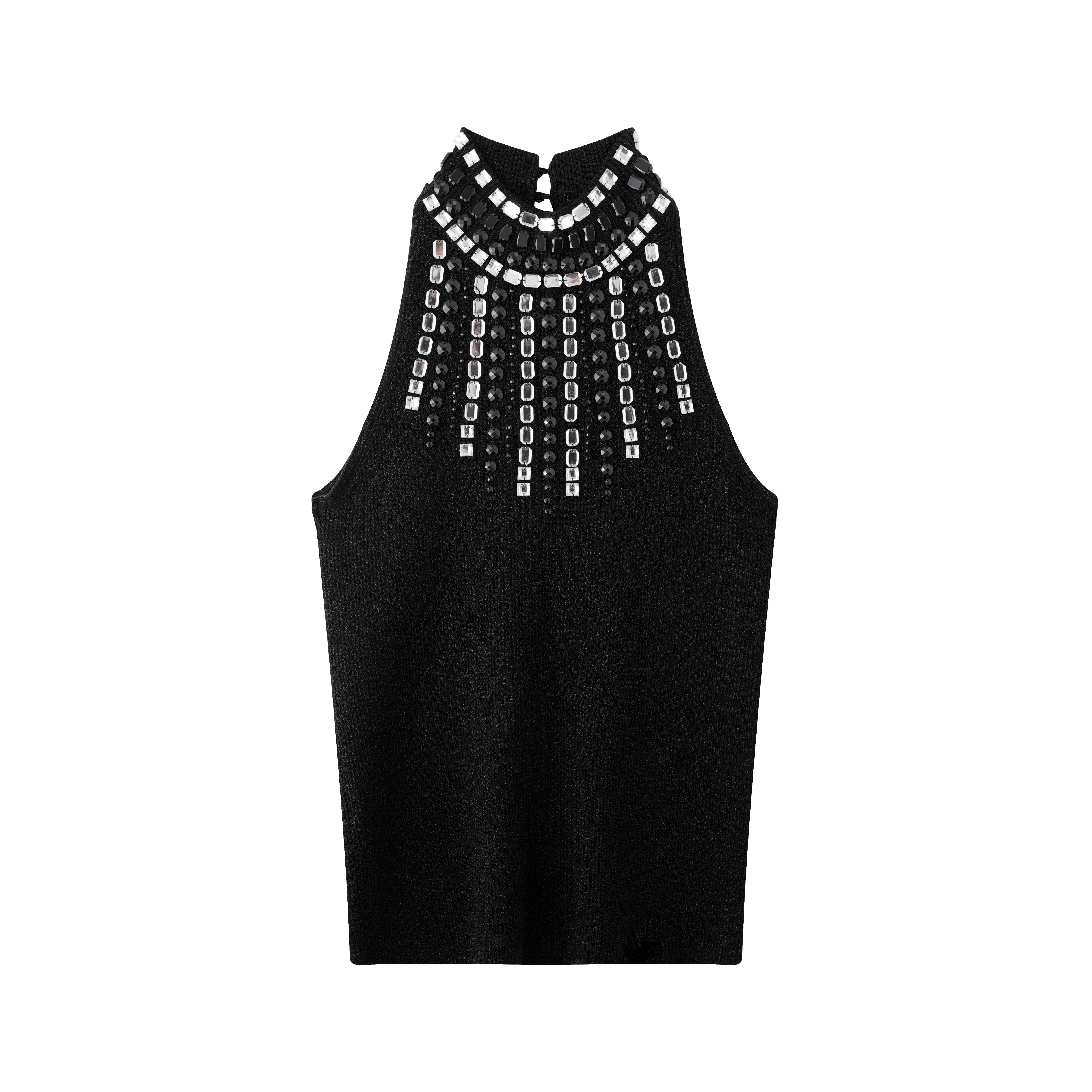 Womens Black Halter Neck Crystal Embellished Knit Top Sleeveless 5689