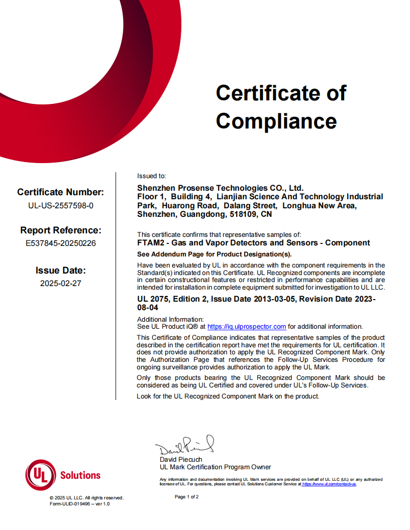 ProSense FC-CO-5000 carbon monoxide sensor was awarded UL 2075 certificate